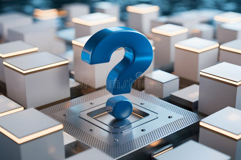 Abstract 3D Scene Blue Question Mark on Metallic Platform, Surrounded ...