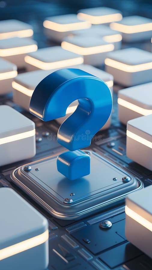Abstract 3D Scene Blue Question Mark on Metallic Platform, Surrounded ...