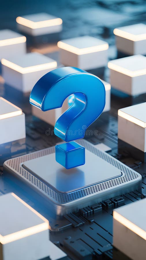 Abstract 3D Scene Blue Question Mark on Metallic Platform, Surrounded ...
