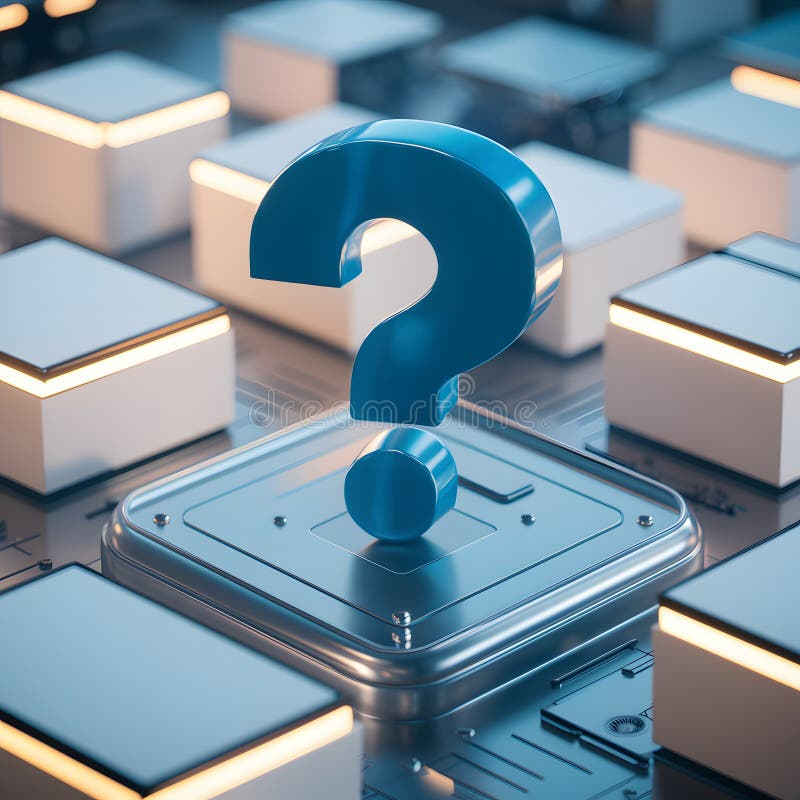 Abstract 3D Scene Blue Question Mark on Metallic Platform, Surrounded ...