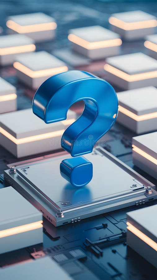 Abstract 3D Scene Blue Question Mark on Metallic Platform, Surrounded ...