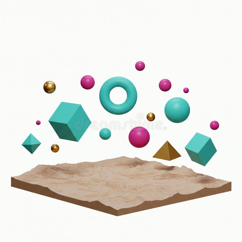 Abstract 3D Scene Depicting Various Geometric Shapes Floating Above a ...