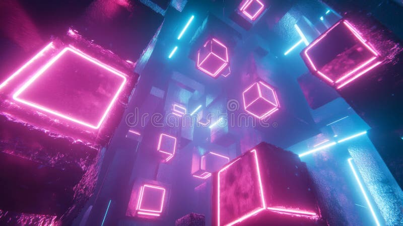 Abstract 3D Scene with Neon Cubes and Lights Stock Illustration ...