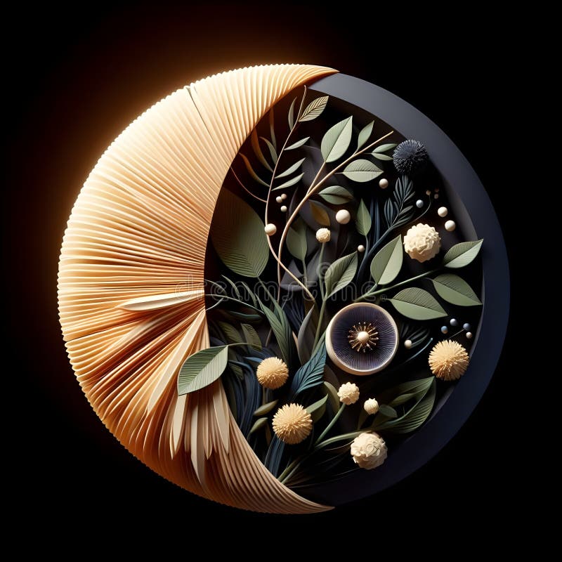 Abstract 3D Shape Half Sun Half Moon Foliage and Flowers Incorporated ...