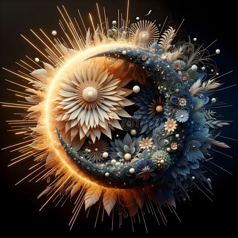 Abstract 3D Shape Half Sun Half Moon Foliage and Flowers Incorporated ...