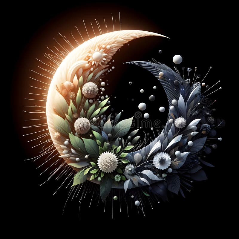 Abstract 3D Shape Half Sun Half Moon Foliage and Flowers Incorporated ...