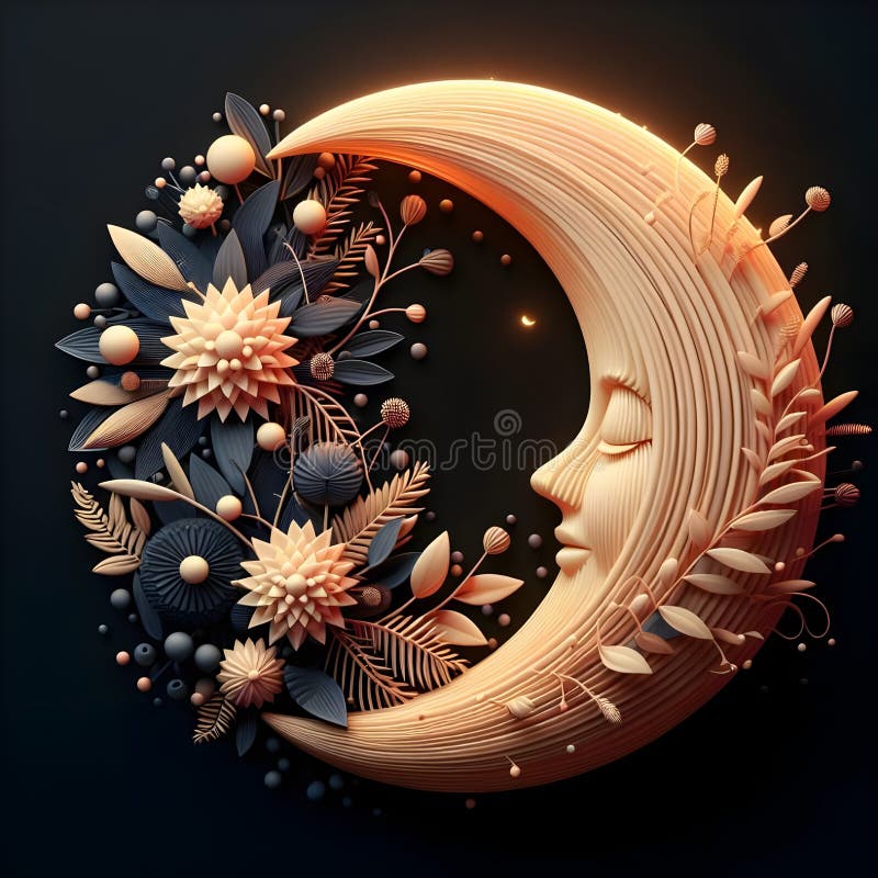 Abstract 3D Shape Half Sun Half Moon Foliage and Flowers Incorporated ...