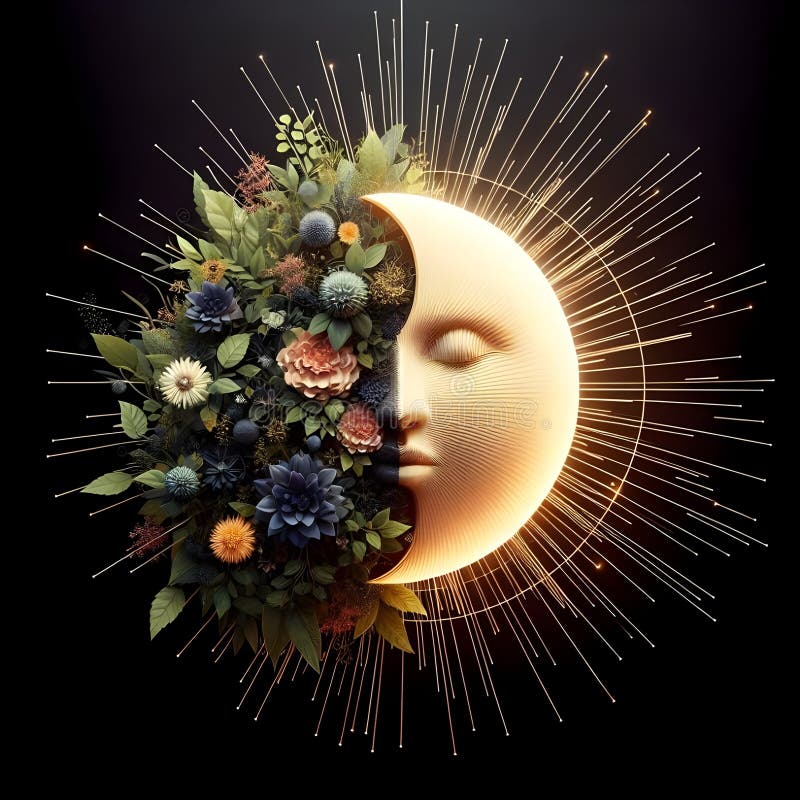 Abstract 3D Shape Half Sun Half Moon Foliage and Flowers Incorporated ...