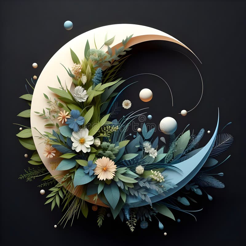 Abstract 3D Shape Half Sun Half Moon Foliage and Flowers Incorporated ...