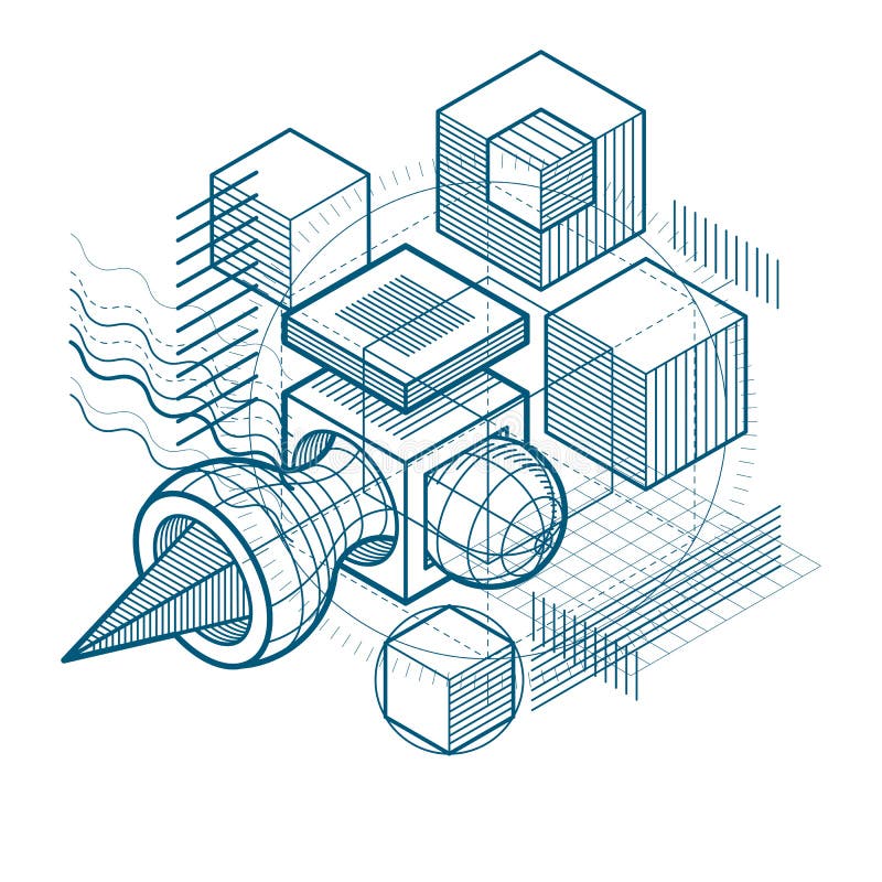 Abstract 3d Shapes Composition, Vector Isometric Background ...