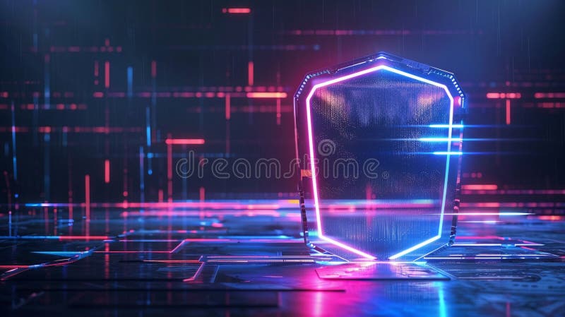 Abstract 3D Shield Hologram in Neon Light Over Circuit Board Background ...