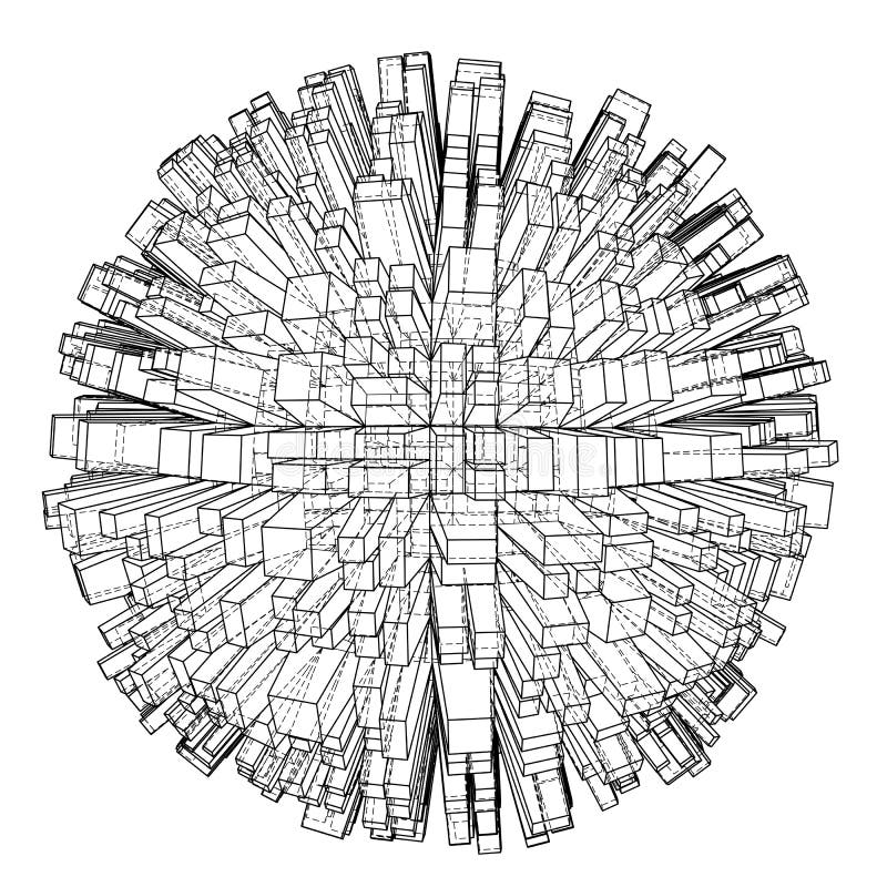 Abstract 3d Sphere with City, Blueprint Style Stock Illustration ...
