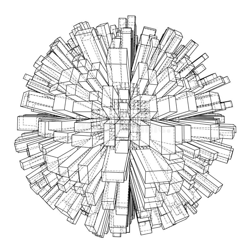 Abstract 3d Sphere with City, Blueprint Style Stock Illustration ...
