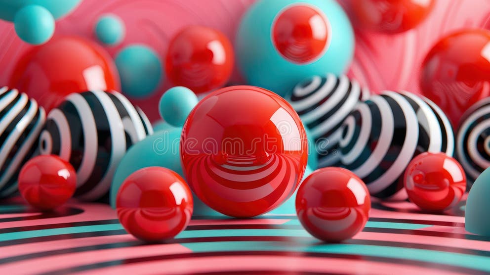 Abstract 3D Sphere Patterned Scene with Visual Context Red and Blue ...