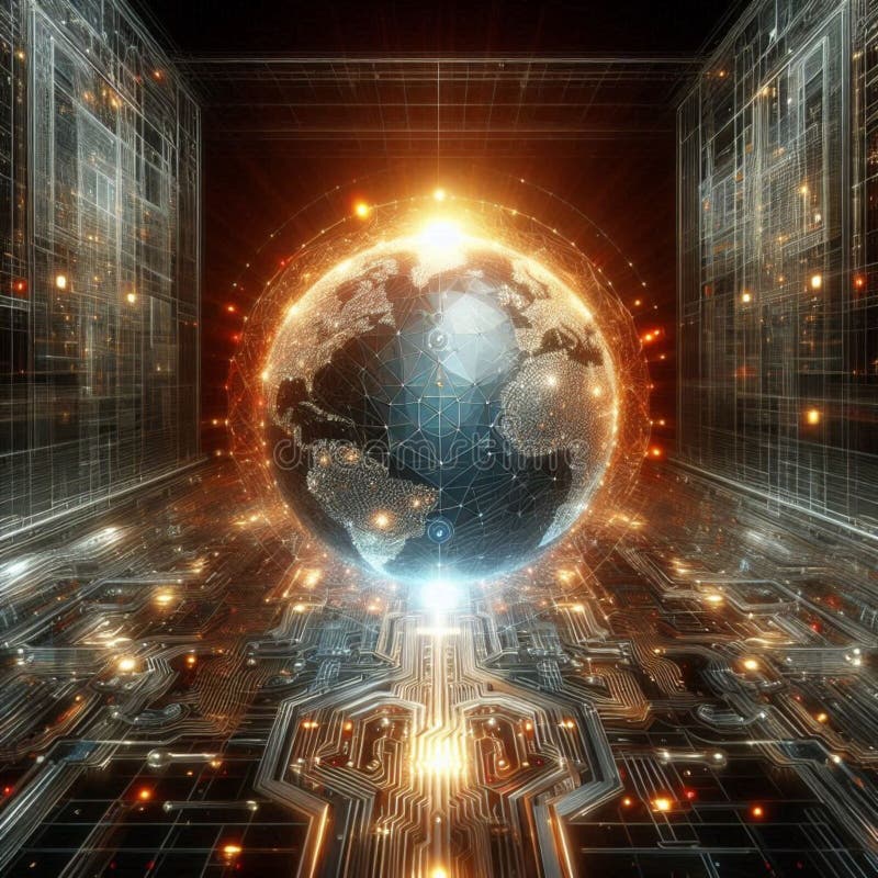 Abstract 3D Technology Backdrop with a Circuit Board World, Glowing ...