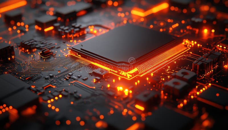 Abstract 3D Technology Rendering of a Circuit Board with Glowing ...