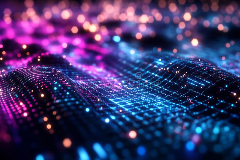 Abstract 3D Visualization of Quantum Computing Technology, Floating Particles Forming a Glowing ...