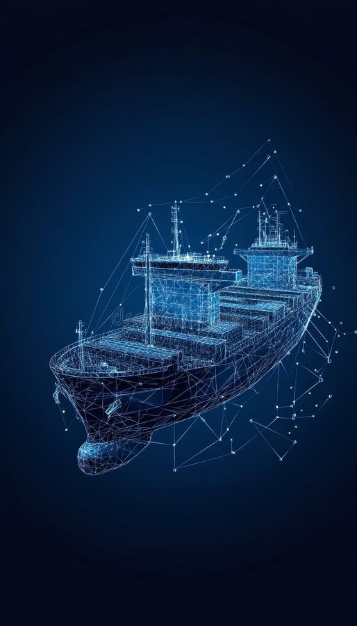 Abstract 3D Wireframe Cargo Ship on Blue Background Visualizing a ...