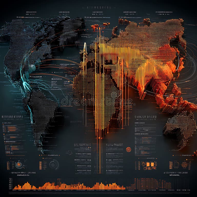 Abstract 3D World Map Data Visualization with Orange and Blue Geometric ...