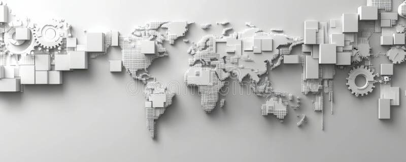 Abstract 3D World Map with Geometric Shapes and Gears on Gray ...