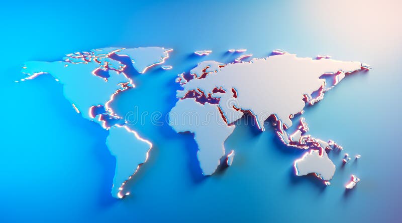 Abstract 3D World Map with Glowing Edges on Gradient Blue Background ...