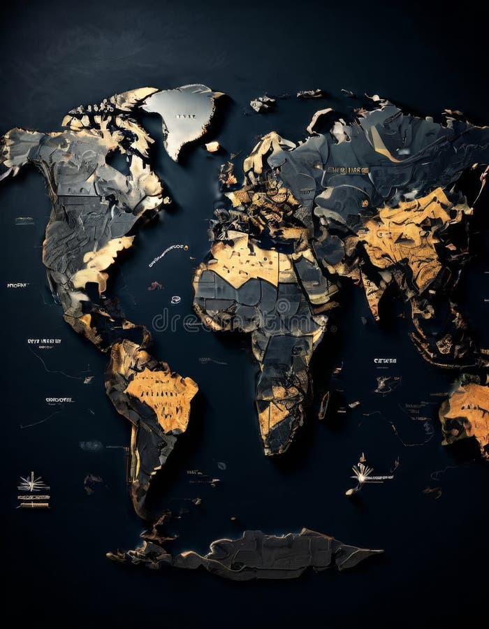 Abstract 3D World Map in Metallic and Gold Tones Stock Illustration ...