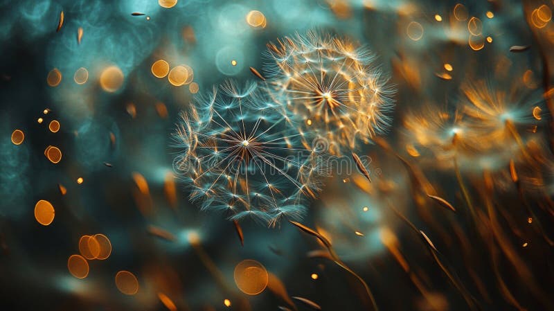 Abstract Dandelion Seeds in Teal and Gold Bokeh Stock Illustration ...