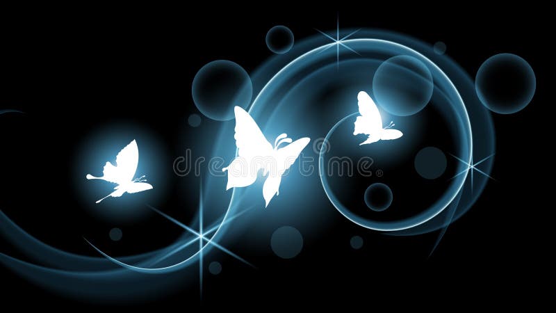 Abstract Dark Background with Butterflies Insects Glow Light Shine ...