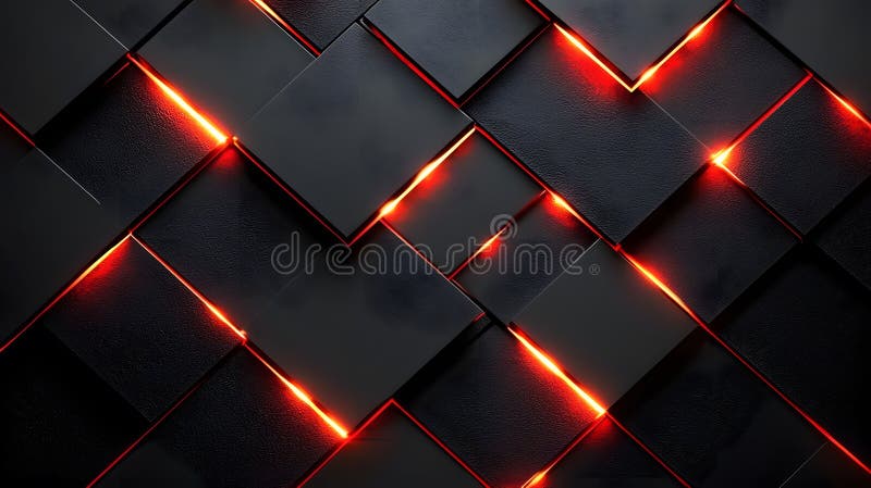 Abstract Dark Background with Glowing Orange Lines on Black Square Pattern Modern Design Texture ...