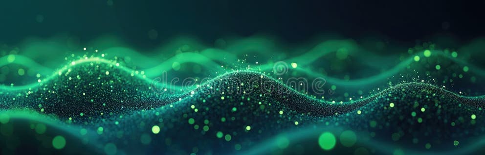 Abstract Dark Blue Backdrop with Glowing Green Data Particles Forming ...
