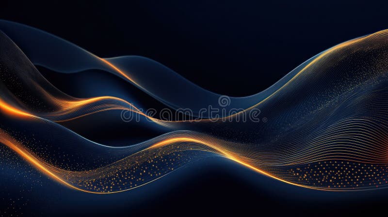 Abstract Dark Blue Background with Gold Wavy Lines. Dynamic Lines Create Smooth Waves. Elegant ...