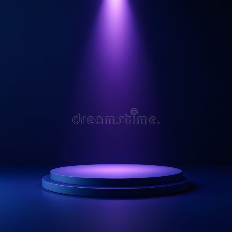 Abstract Dark Blue Background with Round Podium, Purple Light Beam, and ...