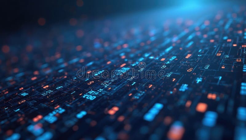 Abstract Dark Blue Digital Background Displays Complex Data Code. Dynamic Tech Concept, Vibrant ...