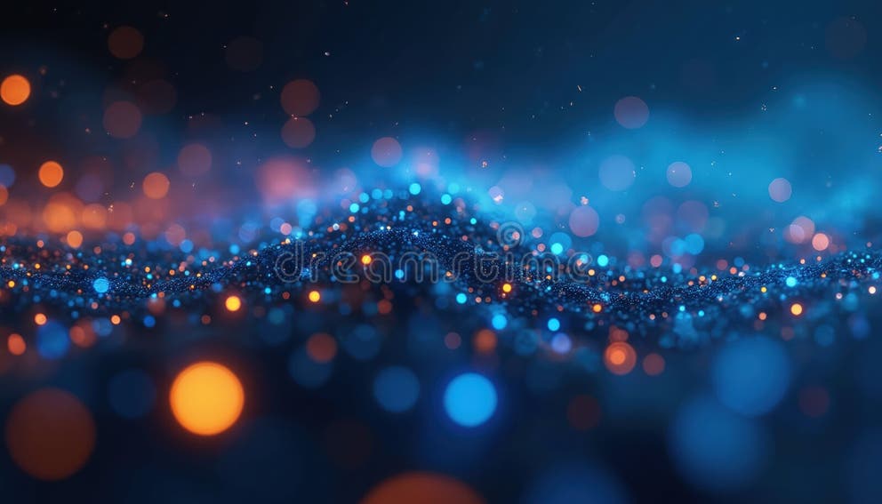 Abstract Dark Blue Digital Background with Glowing Defocused Orange, Blue Bokeh Lights. Big Data ...