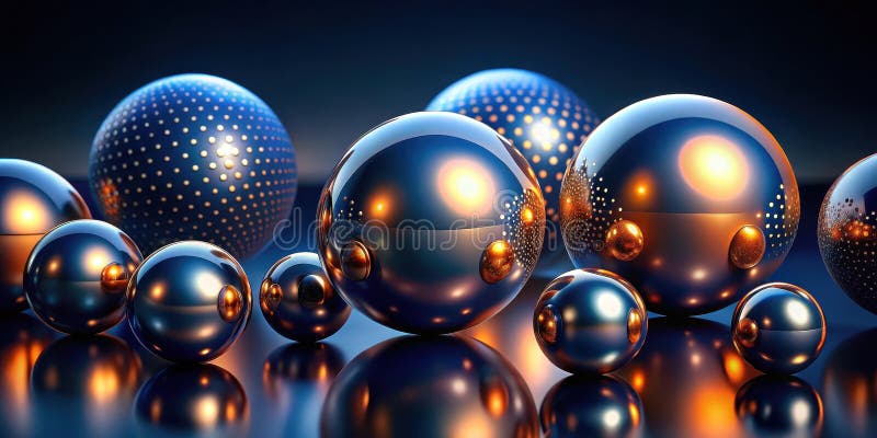 Abstract Dark Blue and Gold Metallic Spheres Reflecting Light on a ...