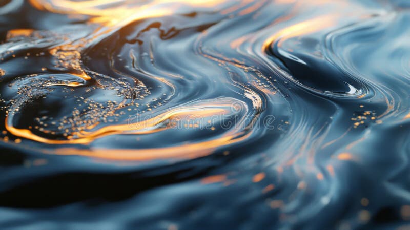Abstract Dark Blue Liquid Surface with Golden Light Streaks and ...