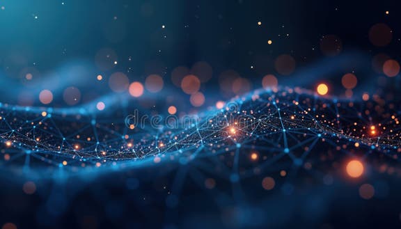 Abstract Dark Blue Tech Background. Glowing Particles, Lines Create Complex Network Structure ...