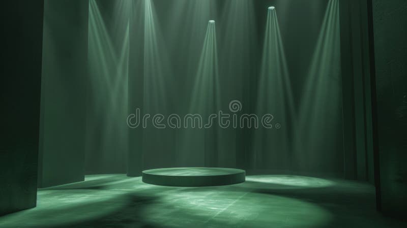 Abstract Dark Green Podium Stage with Spotlights for Product Display in ...