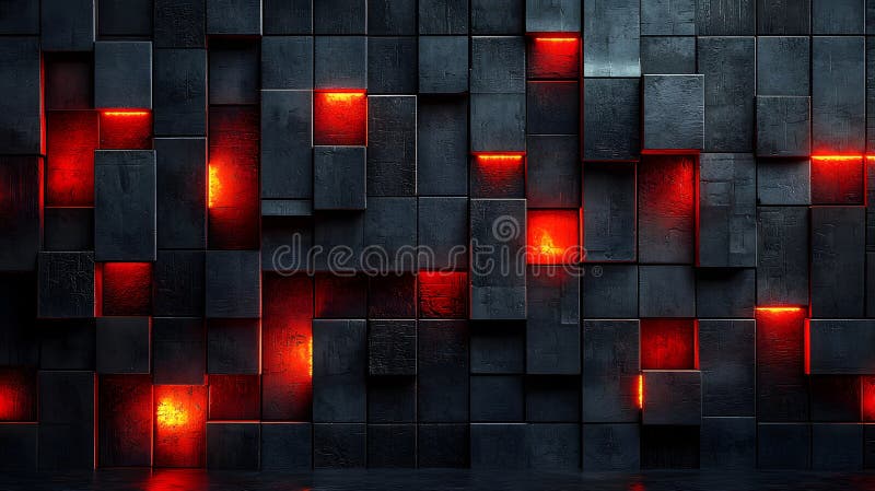 Abstract Dark Grey Cube Wall with Glowing Red Lights Modern Industrial ...
