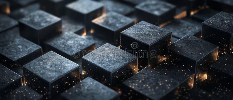 Abstract Dark Grey Cubes with Glowing Particles Stock Illustration ...