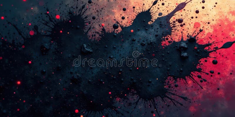 Abstract Dark Ink Splashes with Red Glowing Particles on a Textured ...