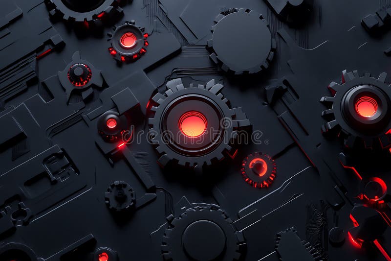 Abstract Dark Metallic Gears with Red Lights Stock Illustration ...