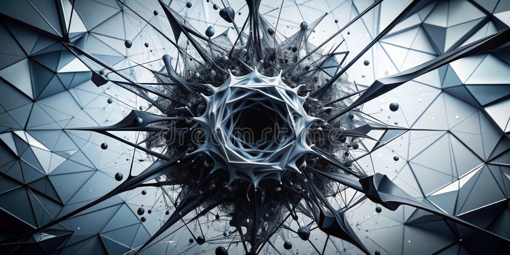 Abstract Dark Metallic Organic Form Exploding within Geometric ...