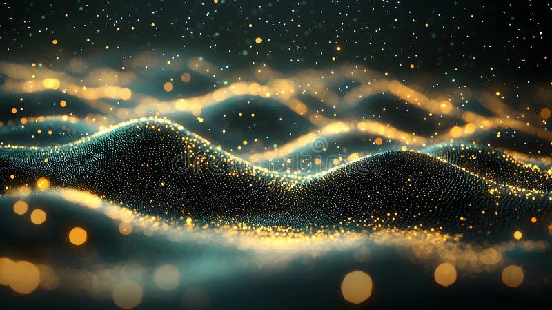 Abstract Dark Teal and Gold Glittering Particle Wave Background AI ...