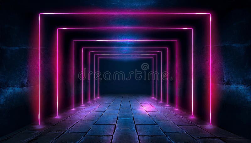 Abstract Dark Tunnel with Neon Light, Geometric Stock Illustration ...