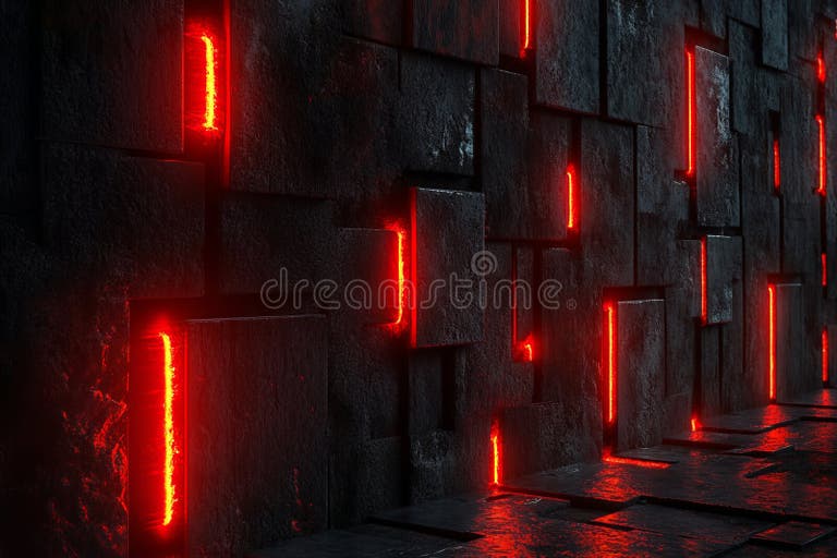 Abstract Dark Wall with Red Neon Lights and Block Patterns Stock ...