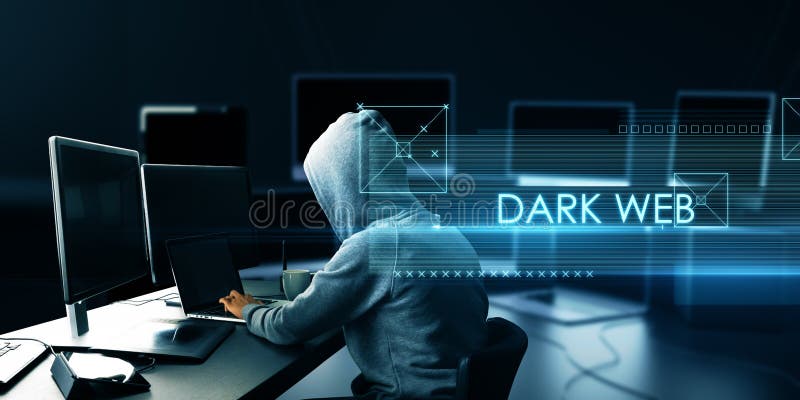 Abstract Dark Web Text Over Side View of Hacker at Desk Using Computers ...