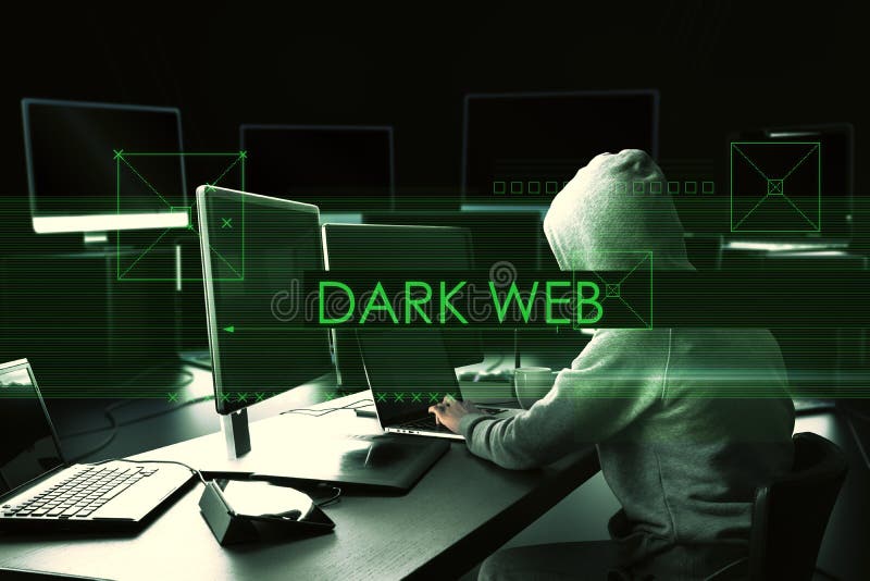 Abstract Dark Web Text Over Side View of Hacker at Desktop Using ...