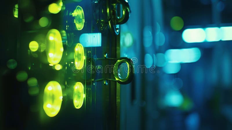 Abstract Data Center Hardware: Server Rack Detail with Green and Blue ...