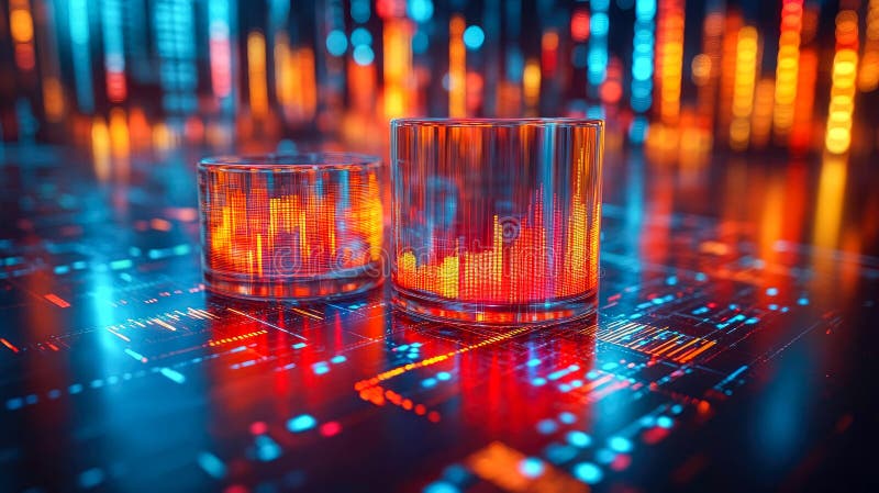 Abstract Data Charts Visualized in Glass Cylinders with Vibrant Red and ...